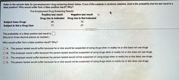 SOLVED: Refer to the sample data for pre-employment drug screening ...