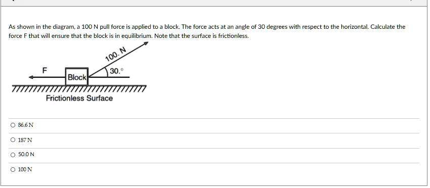 As shown in the diagram, a 100 N pull force is applied to a block. The force acts at an angle of ...