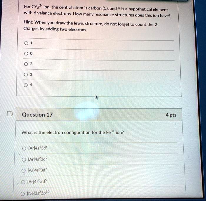 SOLVED: For CY3- ion, the central atom is carbon (C), and Y is a ...