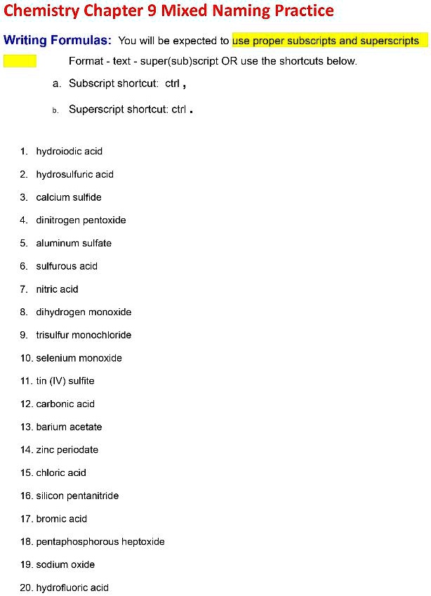SOLVED:Chemistry Chapter 9 Mixed Naming Practice Writing Formulas: You ...