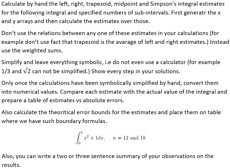 Calculate by hand the left, right, trapezoid, midpoint and Simpson's ...