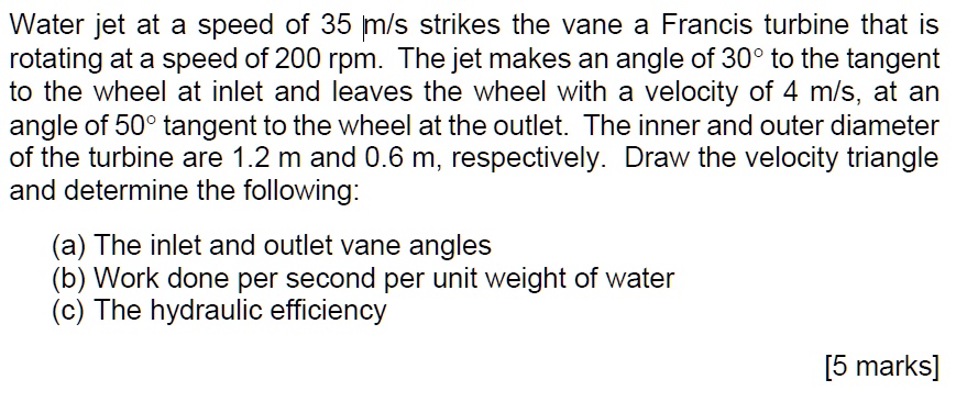 SOLVED: Water jet at a speed of 35 m/s strikes the vane a Francis turbine that is rotating at a ...
