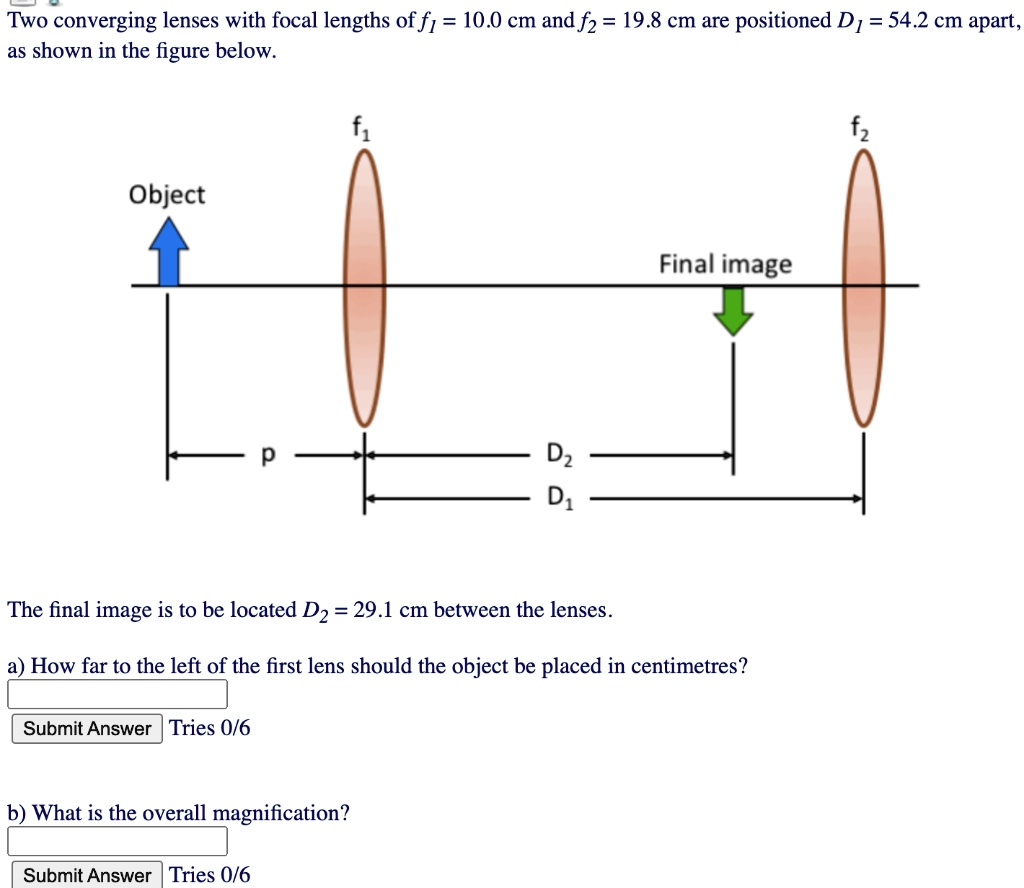 Two converging lenses with focal lengths of f1 = 10.0 cm and f2 = 19.8 ...