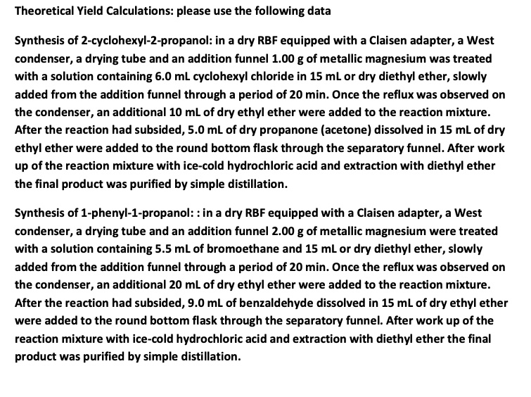 theoretical yield calculations please use the following data synthesis ...