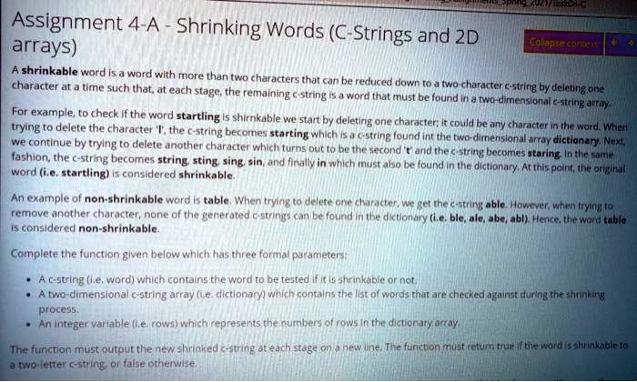 Solved Assignment 4 A Shrinking Words C Strings And 2d Arrays A Shrinkable Word Is A Word