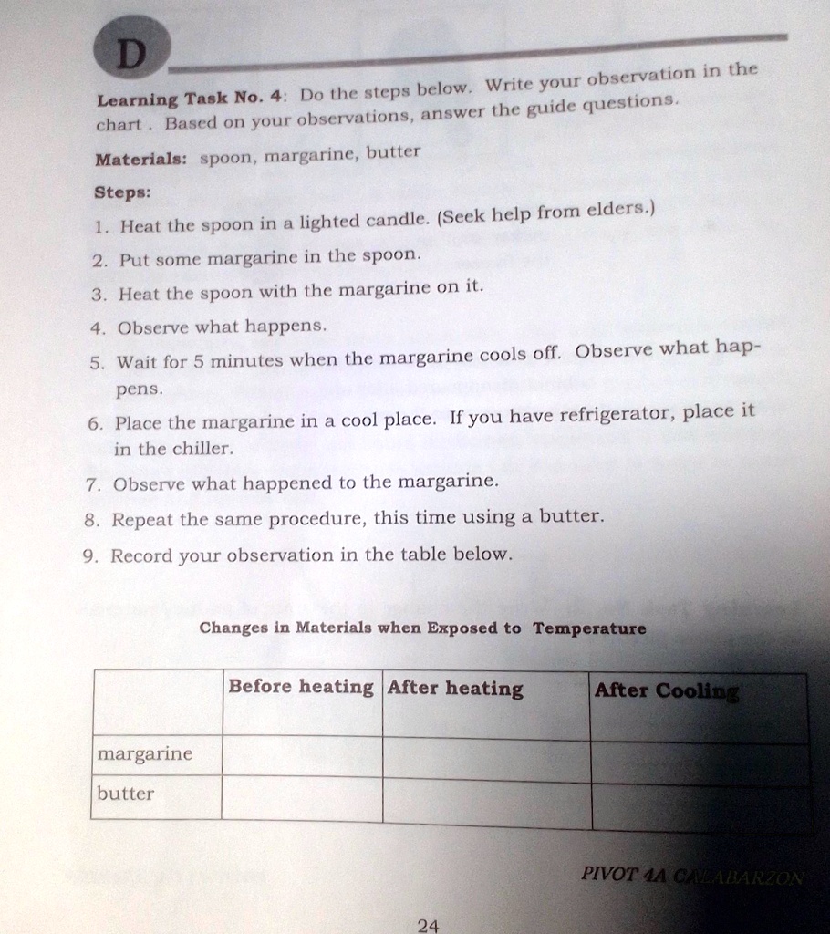SOLVED: 'Learning Task No. 4: Do the steps below. Write your observation in the chart. Based on ...