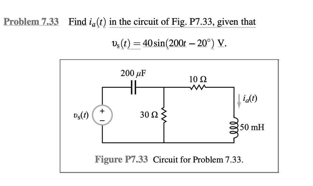 Problem 7.33 Find ia(t) in the circuit of Fig. P7.33, given that vs(t) = 40 sin(200t - 20^∘) V ...