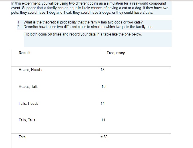 In this experiment, you will be using two different coins as a ...