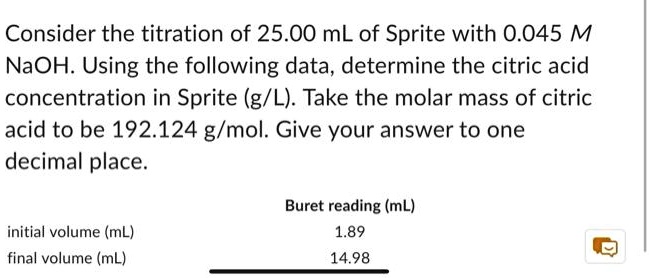 Consider the titration of 25.00 mL of Sprite with 0.045 M NaOH. Using ...