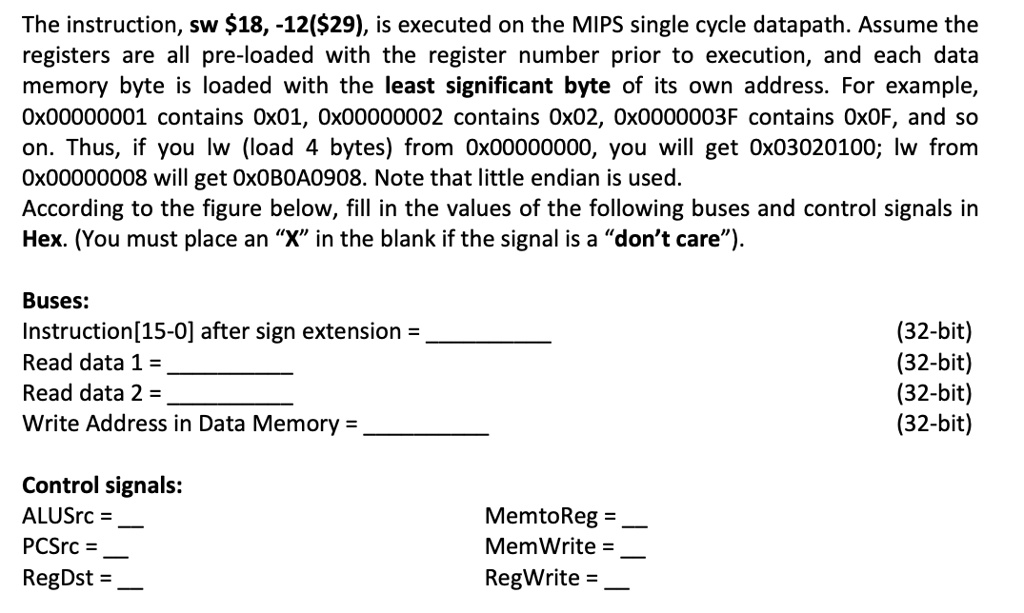 the instruction sw s18 12s29 is executed on the mips single cycle datapath assume the registers ...