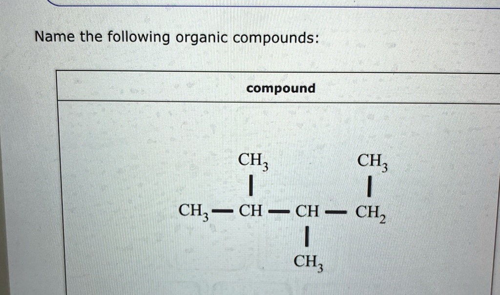 Name the following organic compounds: compound CH3 | CH3-CH-CH-CH2 | CH3