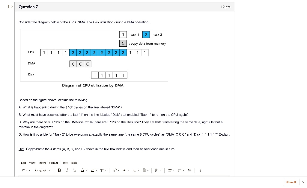 SOLVED: Consider the diagram below of the CPU, DMA, and Disk utilization during a DMA operation ...