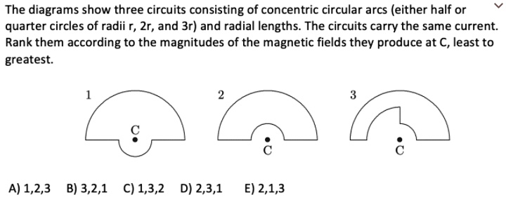 the diagrams show three circuits consisting of concentric circular arcs either half or quarter ...