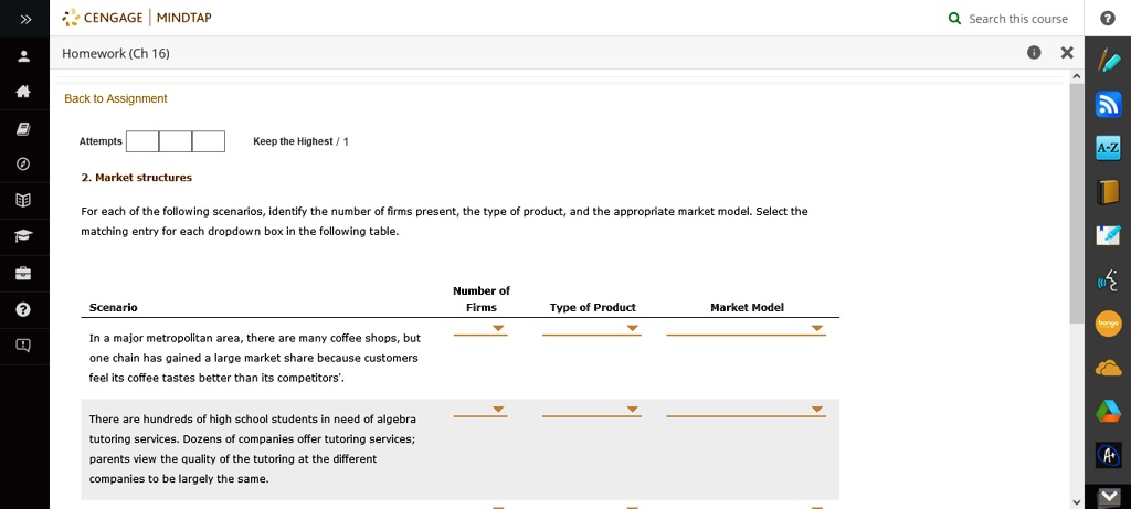 CENGAGE MINDTAP Homework (Ch 16) Back to Assignment Attempts Keep the Highest / 1 2. Market ...