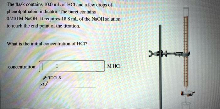 SOLVED: The flask contains 10.0 mL of HCl and a few drops of phenolphthalein indicator. The ...