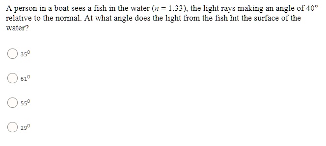 SOLVED: 4 person in a boat sees fish in the water (n = 1.33): the light ...