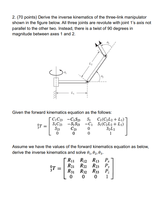 2. (70 points) Derive the inverse kinematics of the three-link manipulator shown in the figure ...