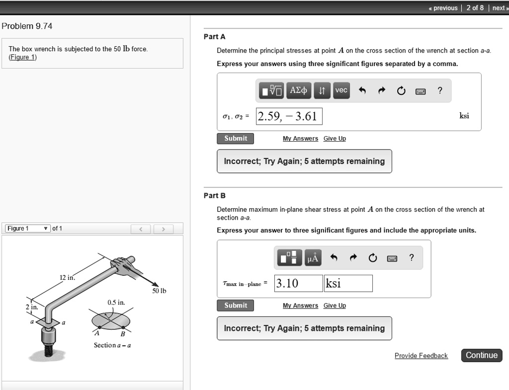 Problem 9.74 Part A The box wrench is subjected to a 50 lb force (Figure 1). Determine the ...