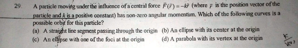 A particle moving under the influence of a central force F() = ki (where r is the position ...