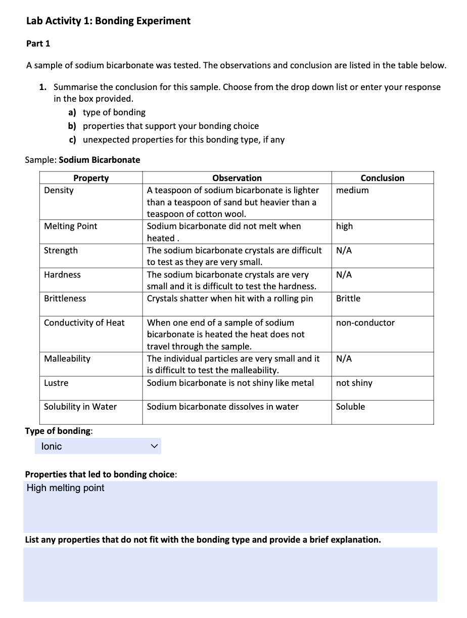 SOLVED: Lab Activity 1: Bonding Experiment Part 1 A sample of sodium ...