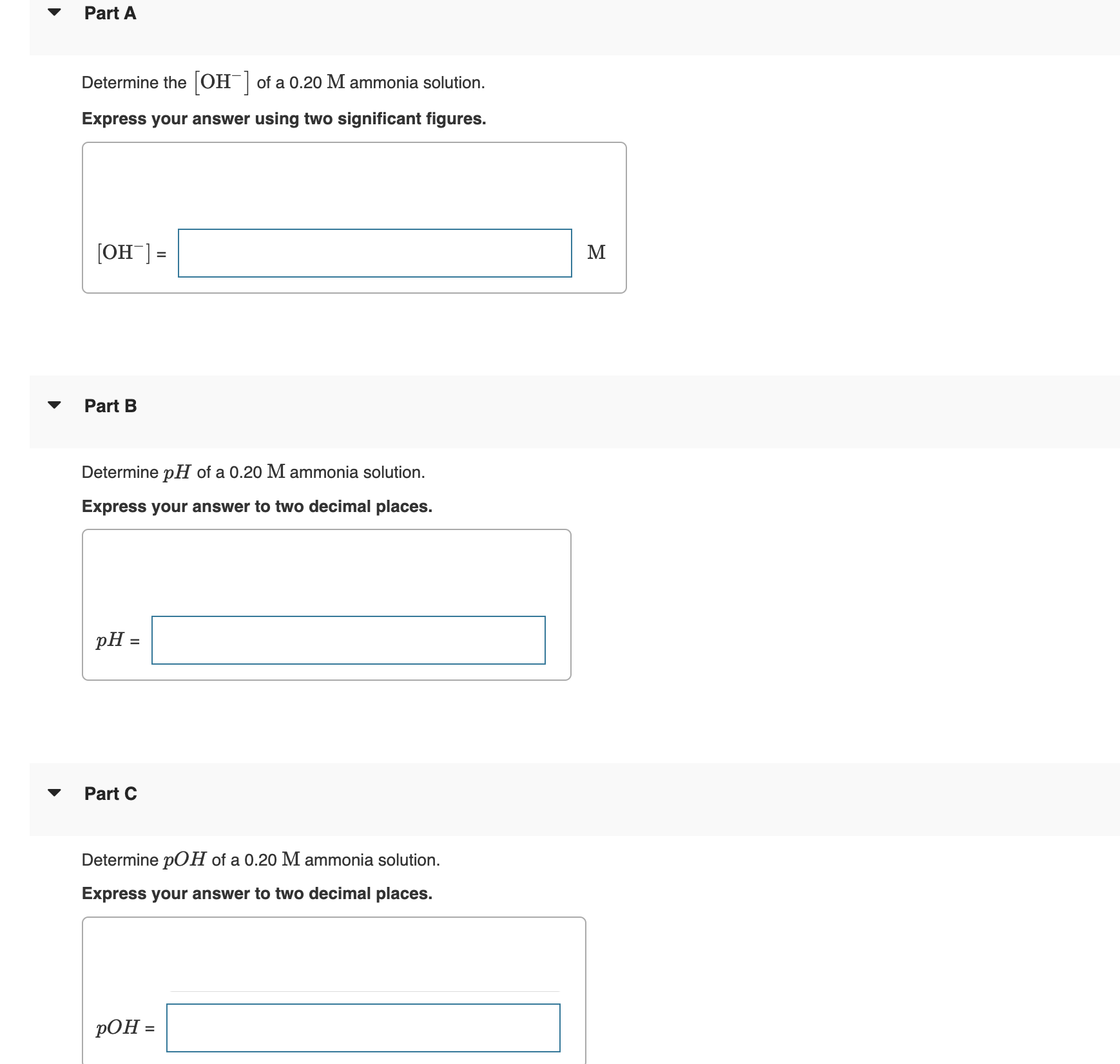 SOLVED: Part A Determine the [OH^-]of a 0.20 M ammonia solution. Express your answer using two ...