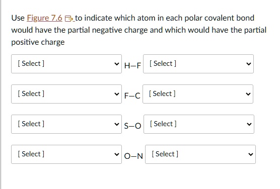 SOLVED: Use Figure 7.6 to indicate which atom in each polar covalent ...