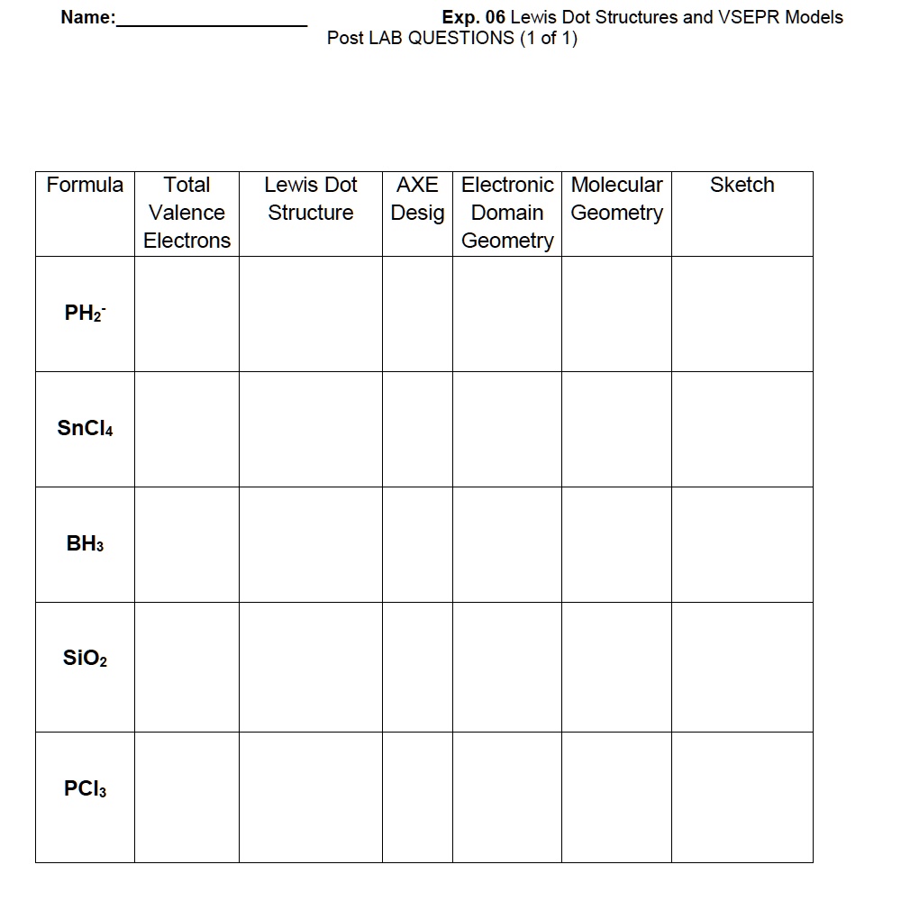 SOLVED: Name: Exp. 06 Lewis Dot Structures and VSEPR Models Post LAB ...