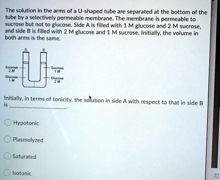 the solution in the arms ofa u shaped tube are separated at the bottom of the tube by a ...