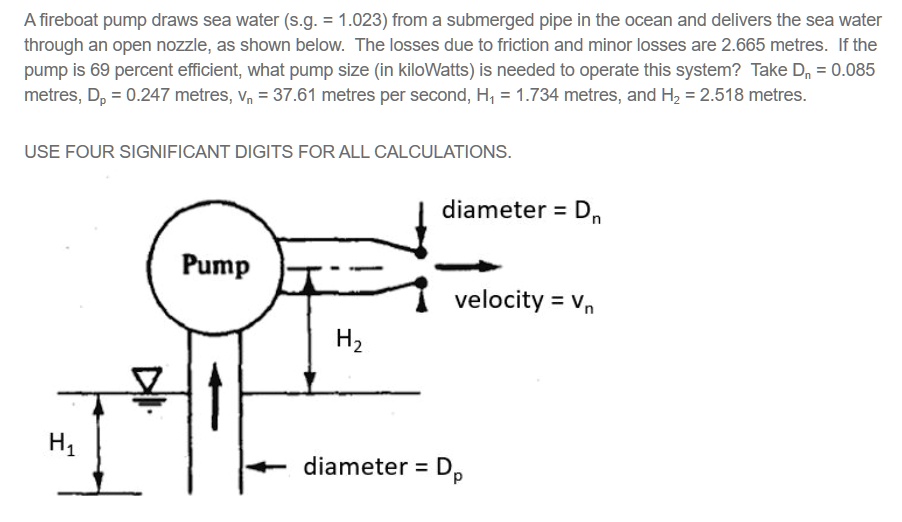 A fireboat pump draws sea water (s.g. = 1.023) from a submerged pipe in ...