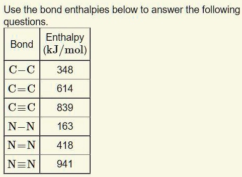 SOLVED: Compare the bond enthalpies of the nitrogen-nitrogen single and ...