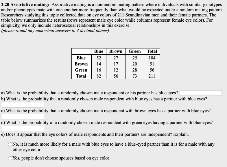 SOLVED: 2.20 Assortative mating: Assortative mating is nonrandom mating ...