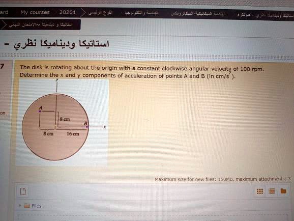 The disk is rotating about the origin with a constant clockwise angular velocity of 100 rpm ...
