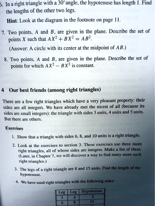 SOLVED: 5. In a right triangle with a 30Pangle, the hypotenuse has ...