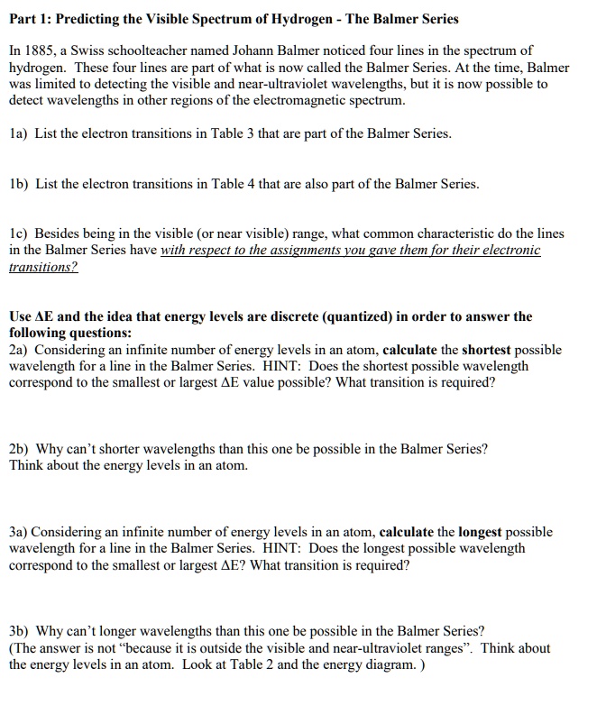 Part I: Predicting the Visible Spectrum of Hydrogen - The Balmer Series ...