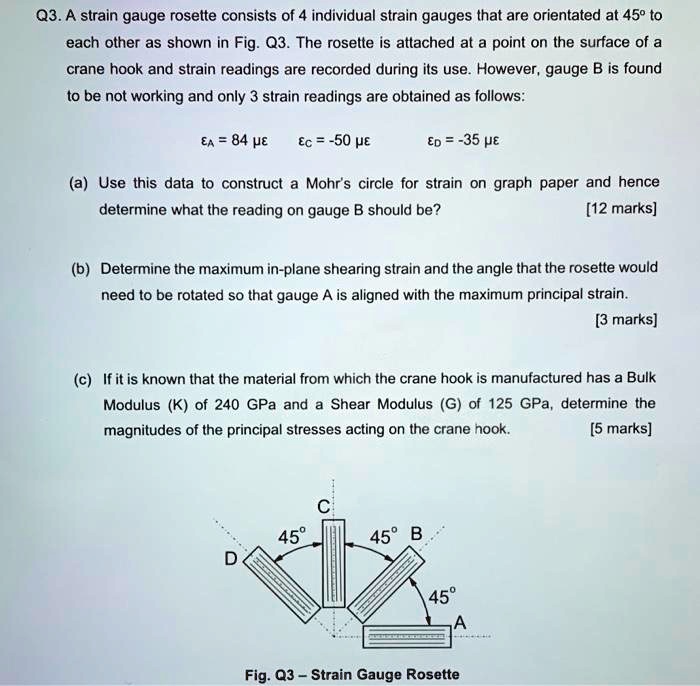 Q3. A strain gauge rosette consists of 4 individual strain gauges that are orientated at 45° to ...
