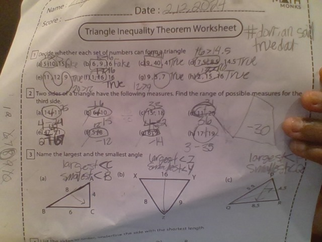 SOLVED: Date: 2,12,2024 MONKS Name: score: Triangle Inequality Theorem ...