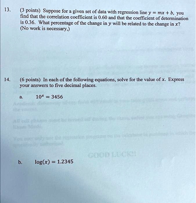 SOLVED: 13. Suppose for a given set of data with a regression line y ...