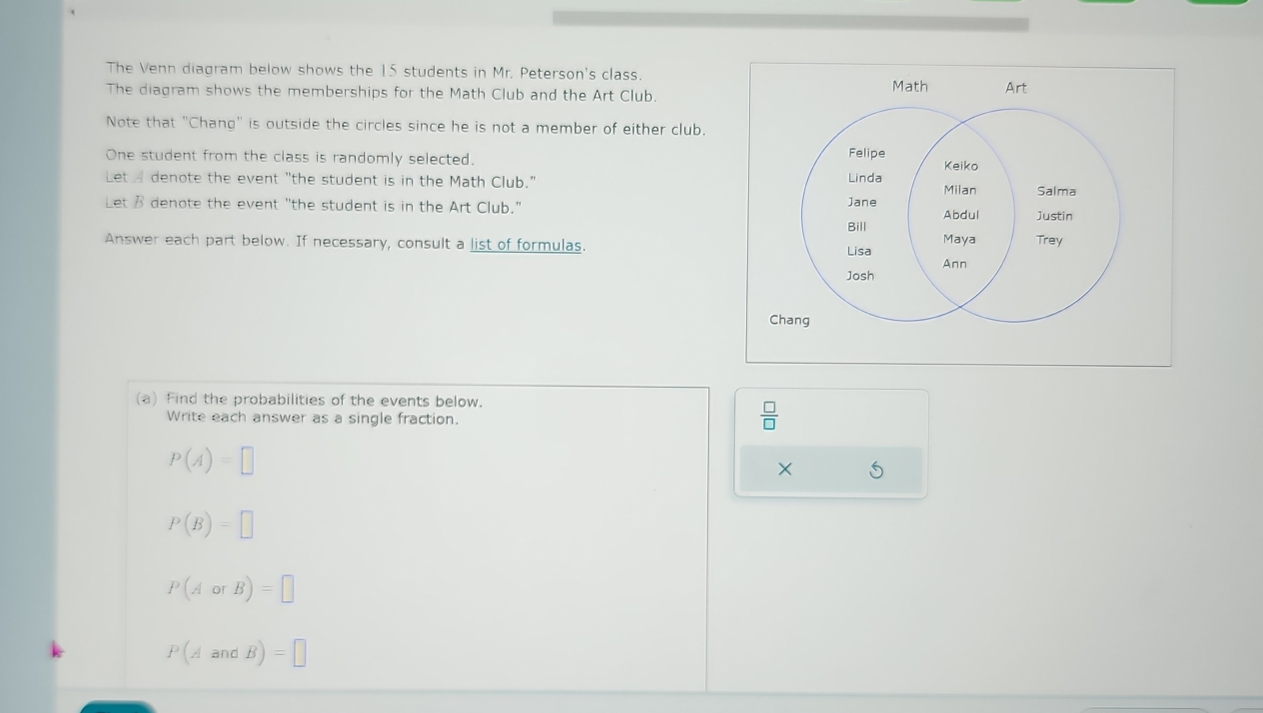 the venn diagram below shows the 15 students in mr petersons class the ...