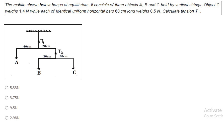The mobile shown below hangs at equilibrium. It consists of three objects A, B and C held by ...