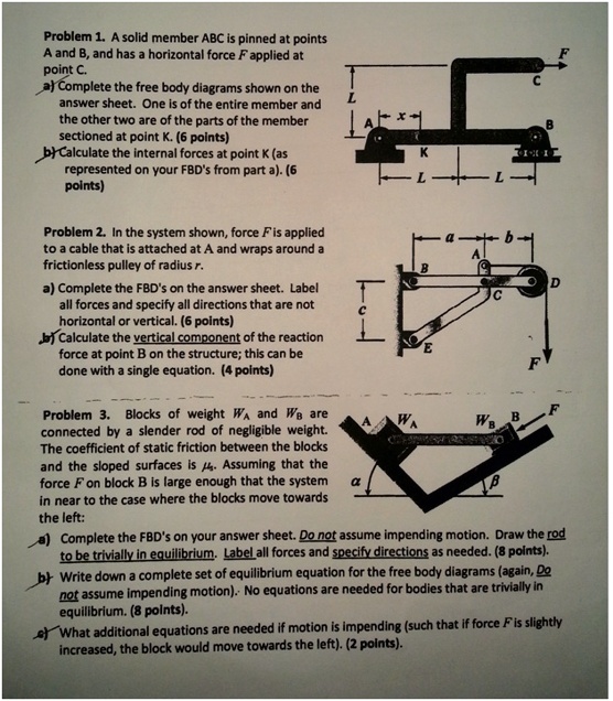 SOLVED: Problem 1. A solid member ABC is pinned at points A and B, and has a horizontal force F ...