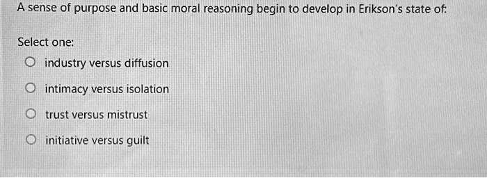 SOLVED: A sense of purpose and basic moral reasoning begin to develop ...