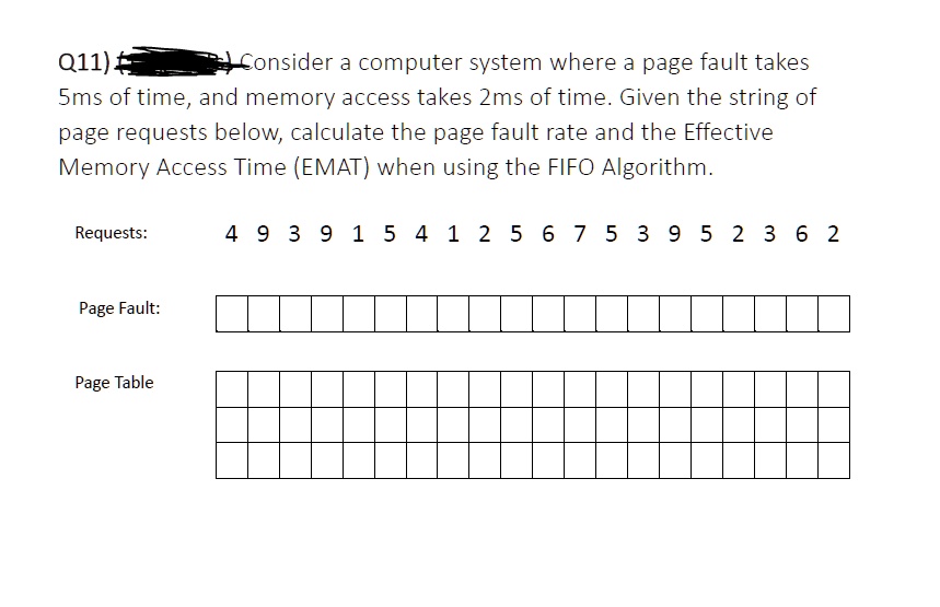 Q11) () Consider a computer system where a page fault takes 5ms of time, and memory access takes ...