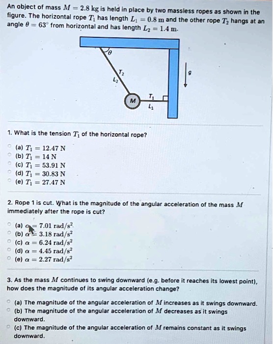 SOLVED: An object of mass M = 2.8 kg is held in place by two massless ...