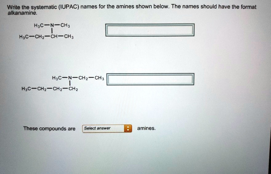 SOLVED: Write the systematic (IUPAC) names for the amines shown below: The names should have the ...
