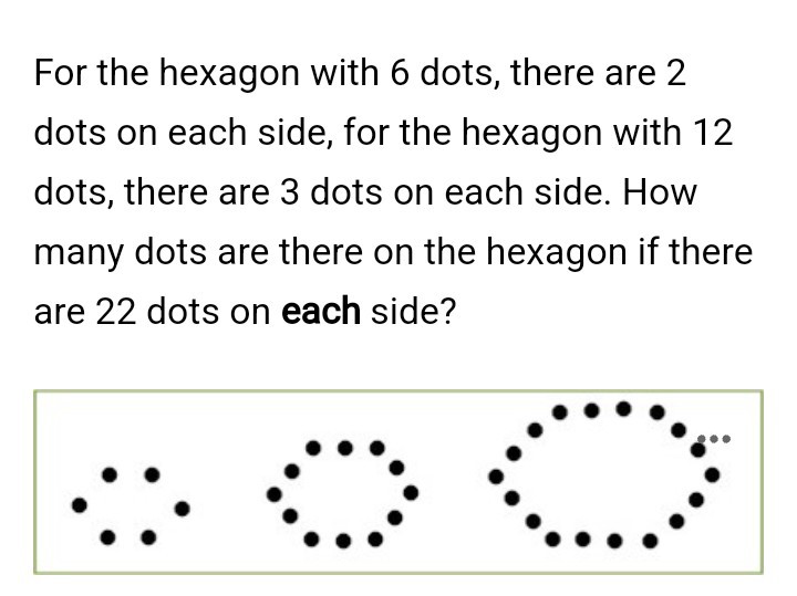 for the hexagon with 6 dots there are 2 dots on each side for the hexagon with 12 dots there are ...