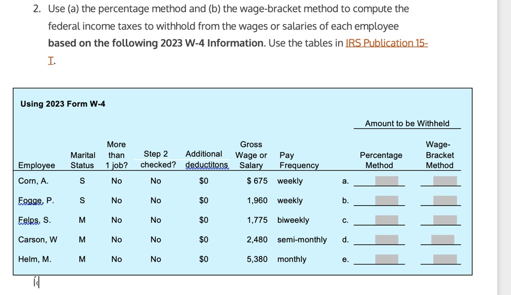 2. Use (a) the percentage method and (b) the wage-bracket method to ...