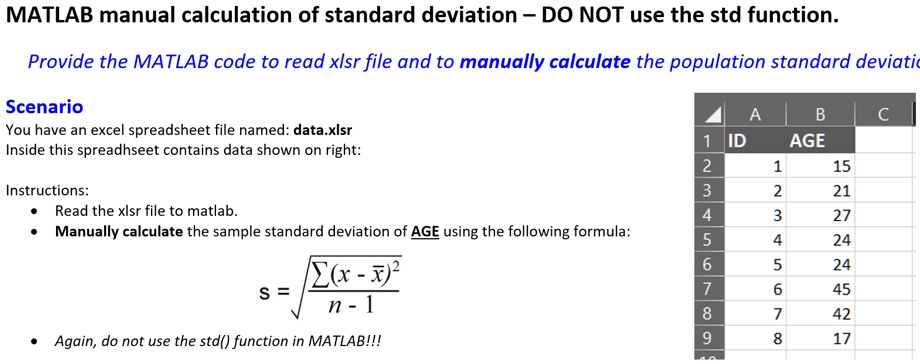 Solved Matlab Manual Calculation Of Standard Deviation Do Not Use The Std Function Provide