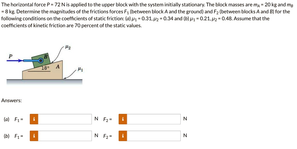a and b please the horizontal force p 72 n is applied to the upper block with the system ...