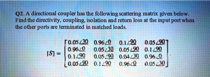 SOLVED: A directional coupler has the following scattering matrix given below. Find the ...