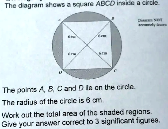 SOLVED: The diagram shows a square ABCD inside a circle. Diameter = 6 ...